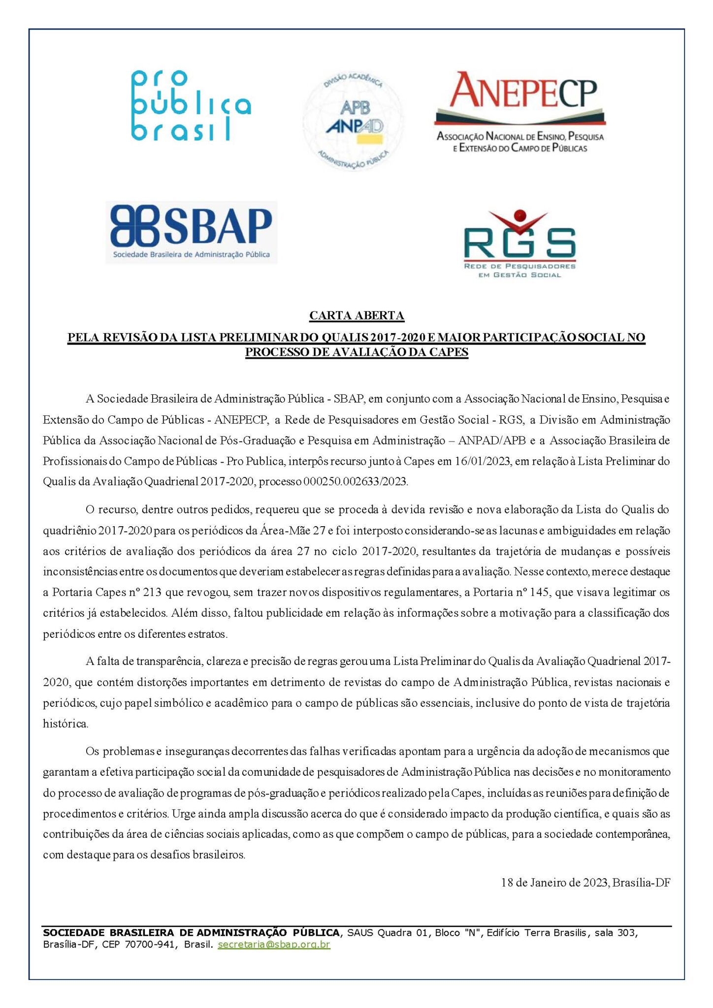 Carta Aberta - Sociedade Brasileira de Administração Pública